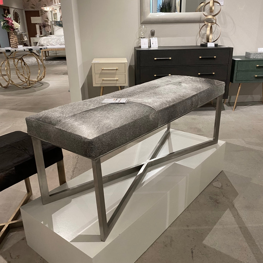 Made Goods Roger Double Bench Gray Hide with Silver Metal Base ...